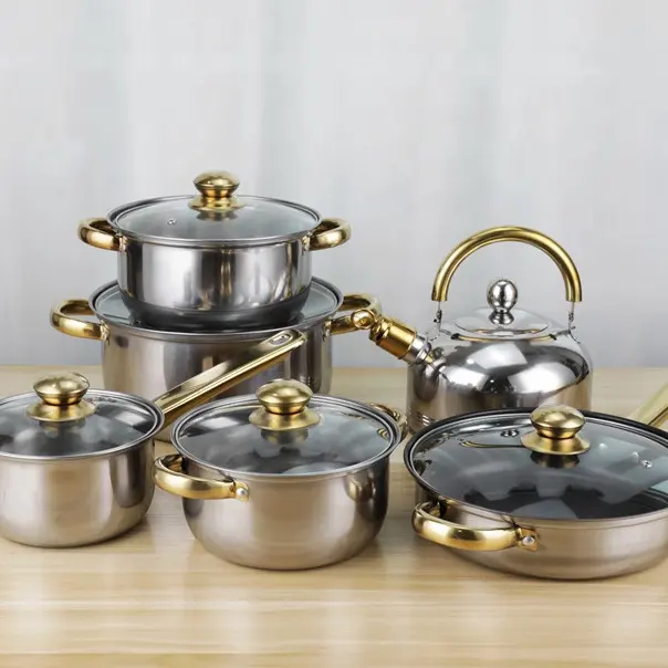 12 Pc Stainless Steel Cookware Set With Golden Handle - MEGA Store ...